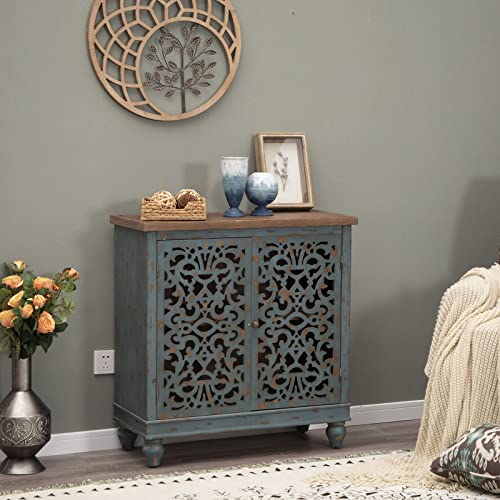 Sophia & William Accent Cabinet with Doors, Distressed Display Storage Cabinet with Wooden Frame and Hollow-Carved Floral Patterns for Entryway Living Room, Blue