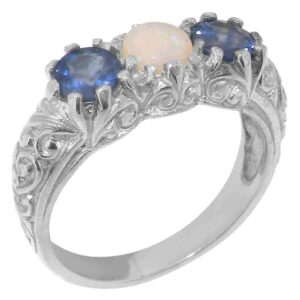 925 sterling silver ring with natural opal and sapphire womens anniversary ring - size 11.25