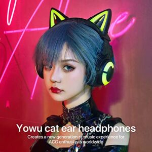 YOWU RGB Cat Ear Headphone 3S Wireless Bluetooth 5.0 Foldable Gaming Headset with Built-in Mic & Customizable Lighting and Effect via APP, Type-C Charging Audio Cable, for PC Laptop Mac Smartphone