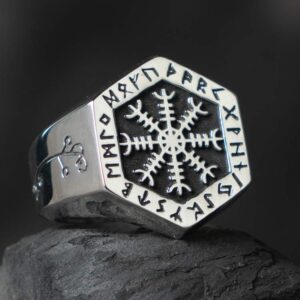 Titanium Stainless Steel Aegishjalmur The Helm of Awe Ring Norse Viking Elder Futhark Rune Ring Jewelry for Men Women Size 10 Silver Tone