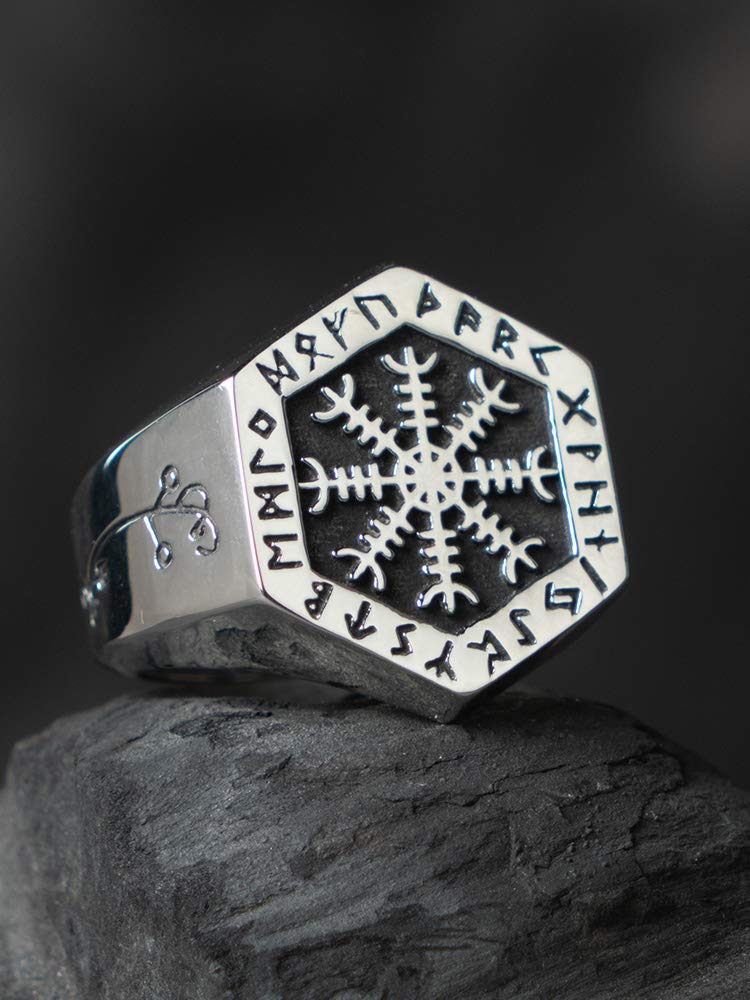 Titanium Stainless Steel Aegishjalmur The Helm of Awe Ring Norse Viking Elder Futhark Rune Ring Jewelry for Men Women Size 10 Silver Tone