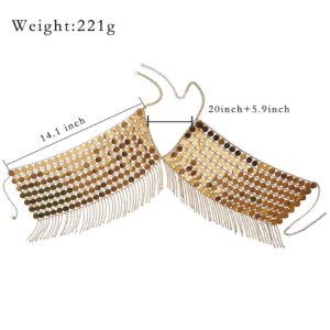 Yovic Boho Gold Body Chain Sexy Sequins Bra Chains Bikini Tassel Chest Chain Halter Backless Top Rave Nightclub Party Body Jewelry for Women (Gold)