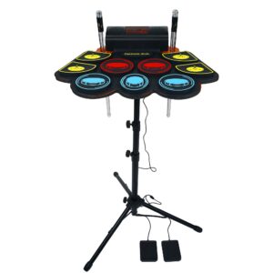 (9 pads) electronic drum set with light up drumsticks and stand, electronic drum pad with 5 different drum kit, 10 unique rhythms, bulit-in double speakers, roll up drum kit, kids drum set