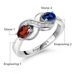 Gem Stone King 925 Sterling Silver Personalized Customized Engrave 2-Stone Gemstone Birthstone and White Created Sapphire Infinity Forever Love Knot Ring For Women (Size 8)