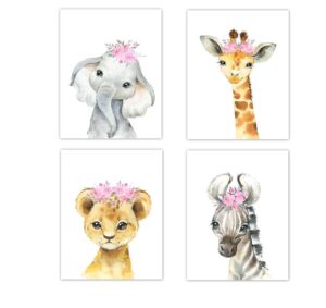 baby girl nursery wall art pink floral crown safari animals elephant giraffe lion zebra decor 4 unframed prints