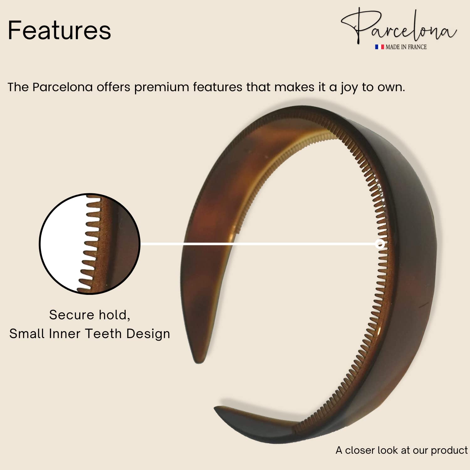 Parcelona French Extra Wide Tortoise Shell Brown Celluloid Inner Nibs Flexible Hair Headband Fashion Headband for Women Strong Hold Grip No Slip Durable Styling Girls Hair Accessories, Made in France