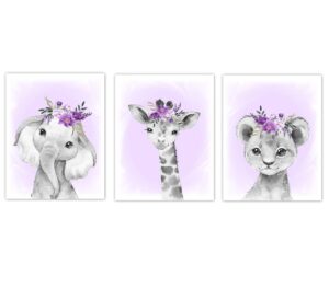 baby girl nursery art purple elephants giraffe lion flowers wall decor 3 unframed prints