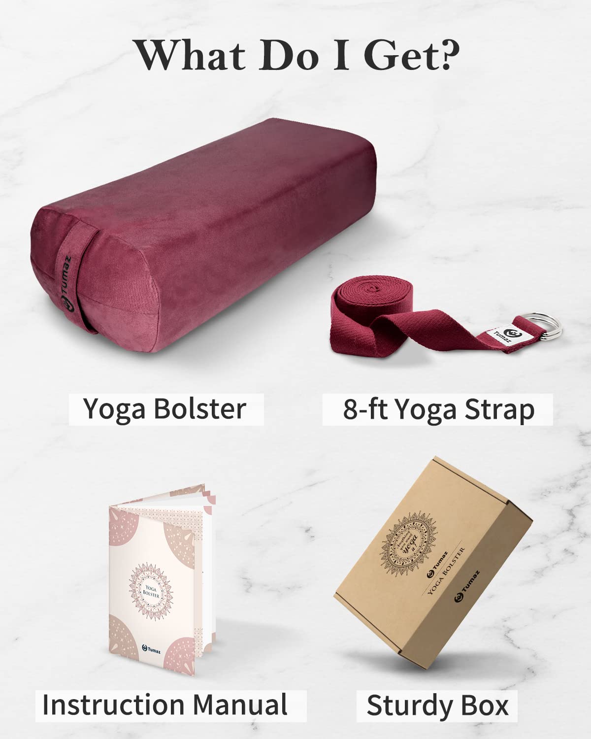 Tumaz Yoga Bolster Set - Rectangular Yoga Bolster Pillow for Restorative Yoga, Soft Meditation Pillow with Carry Handle and 8-Feet Yoga Strap, Machine Washable Cover