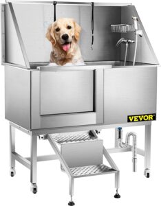 vevor 50 inch dog grooming tub, professional stainless steel pet dog bath tub, with steps faucet & accessories dog washing station left door