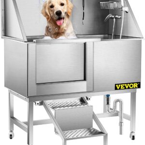 VEVOR 50 Inch Dog Grooming Tub, Professional Stainless Steel Pet Dog Bath Tub, with Steps Faucet & Accessories Dog Washing Station Left Door