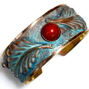 Elaine Coyne Wearable Art Verdigris Patina Brass Flowing Leaves Cuff Bracelet with Semi-precious Stones