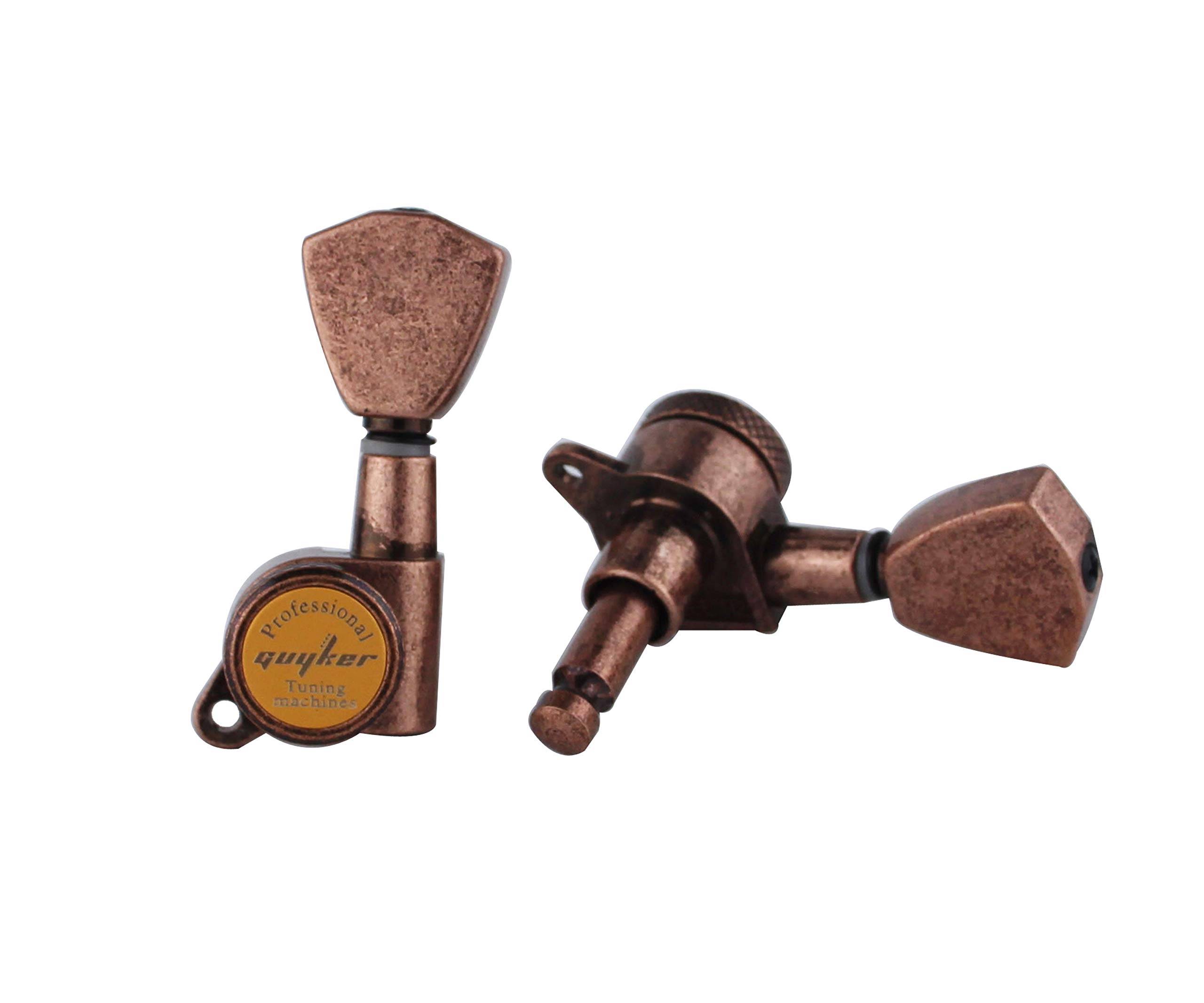 Guyker Guitar Locking Tuners (3L + 3R Handed) - 1:18 Models Rear Lock String Tuning Key Pegs Machine Head with Trapezium Button Antique Bronze, GK04SP