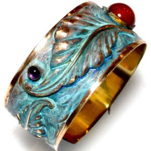 Elaine Coyne Wearable Art Verdigris Patina Brass Flowing Leaves Cuff Bracelet with Semi-precious Stones