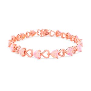 lexi and rose 14k rose gold plated .925 sterling silver & heart shaped lab-grown pink opal cabochon heart link tennis bracelet - 7-1/4"