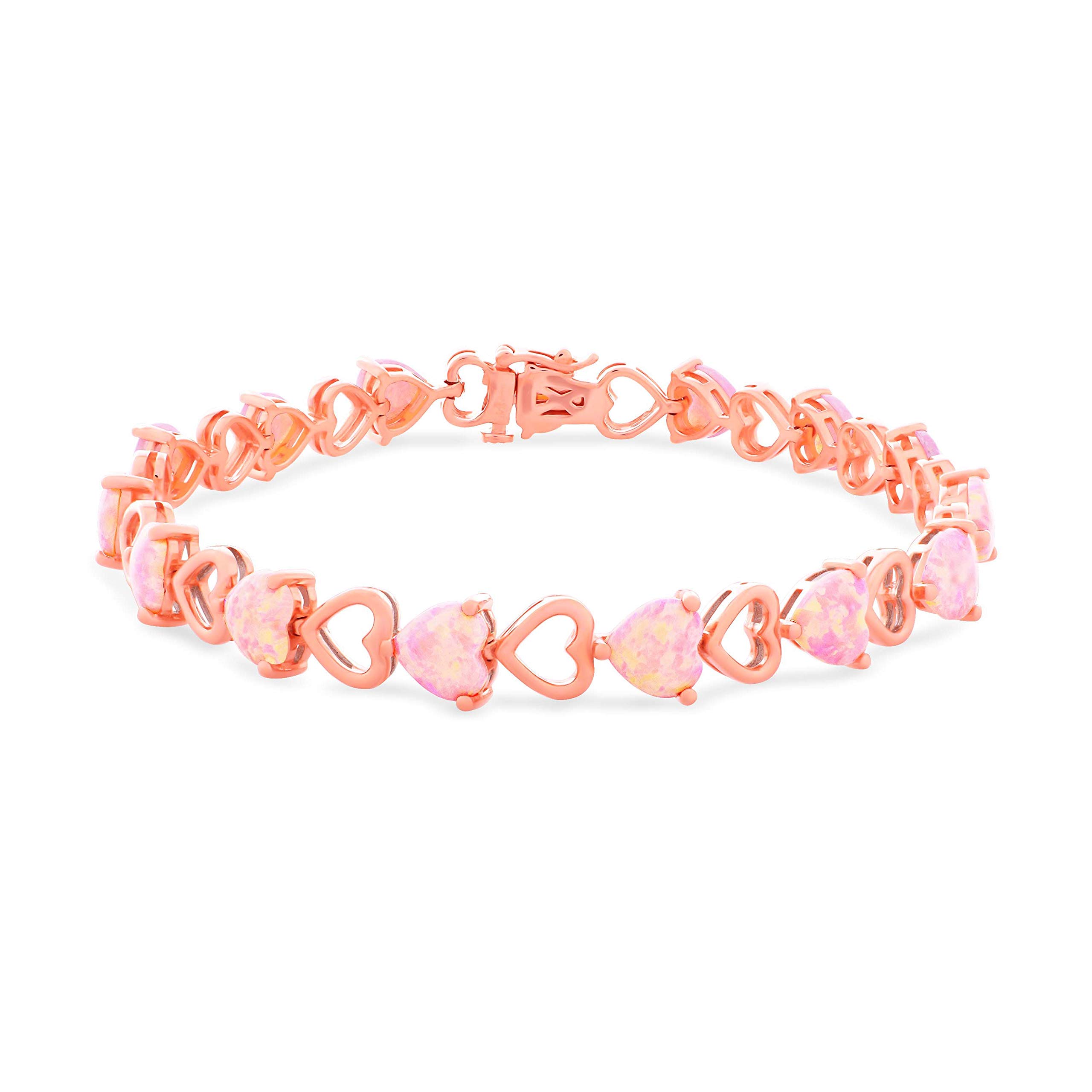 Lexi and Rose 14K Rose Gold Plated .925 Sterling Silver & Heart Shaped Lab-Grown Pink Opal Cabochon Heart Link Tennis Bracelet - 7-1/4"