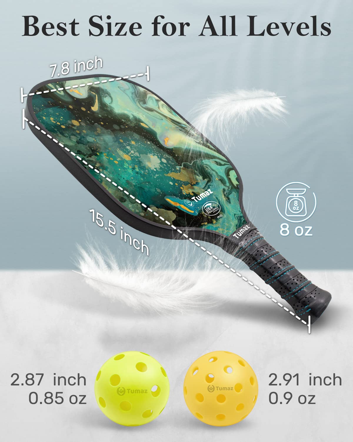 Tumaz Pickleball Paddles Set of 2, USAPA Approved Pickleball Set with Premium Honeycomb Core and Fiberglass Face Pickleball Rackets, 4 Pickle Balls, 2 Grip Tapes, and Portable Carry Bag Included