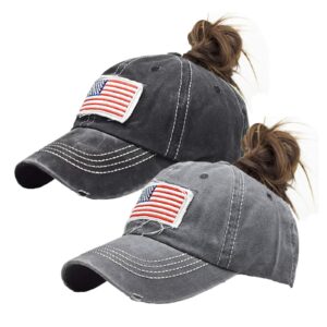 distressed ponytail hat for women american-flag pony tail caps high bun (black+grey, adjustable)