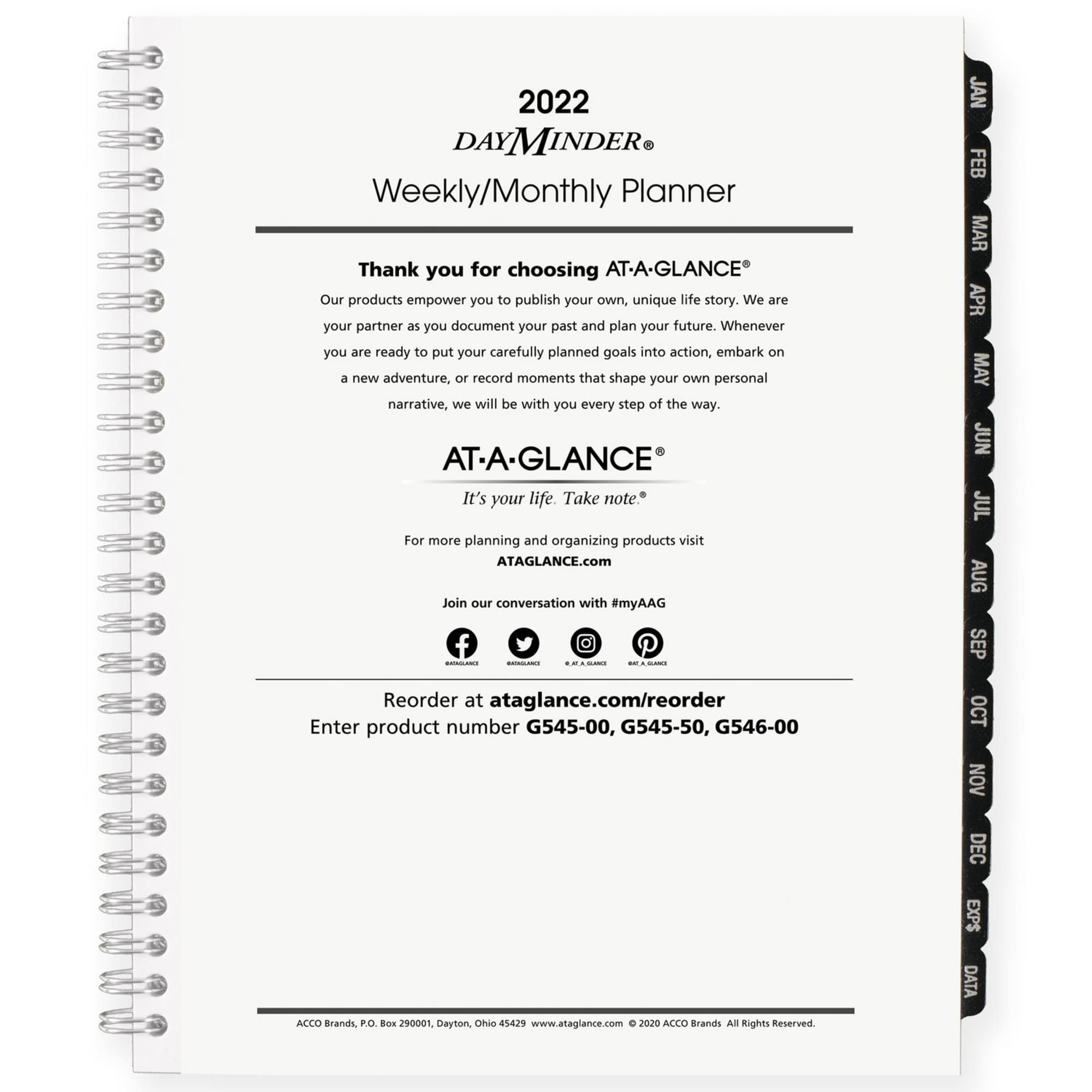 AT-A-GLANCE 2022 Weekly & Monthly Planner Refill for G545 Line Planners by AT-A-GLANCE, 7" x 8-3/4", Medium, Executive, DayMinder (G54550)