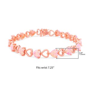 Lexi and Rose 14K Rose Gold Plated .925 Sterling Silver & Heart Shaped Lab-Grown Pink Opal Cabochon Heart Link Tennis Bracelet - 7-1/4"