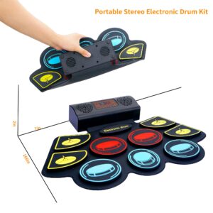 (9 Pads) Electronic Drum Set with Light Up Drumsticks and Stand, Electronic Drum Pad with 5 Different Drum Kit, 10 Unique Rhythms, Bulit-in Double Speakers, Roll Up Drum Kit, Kids Drum Set