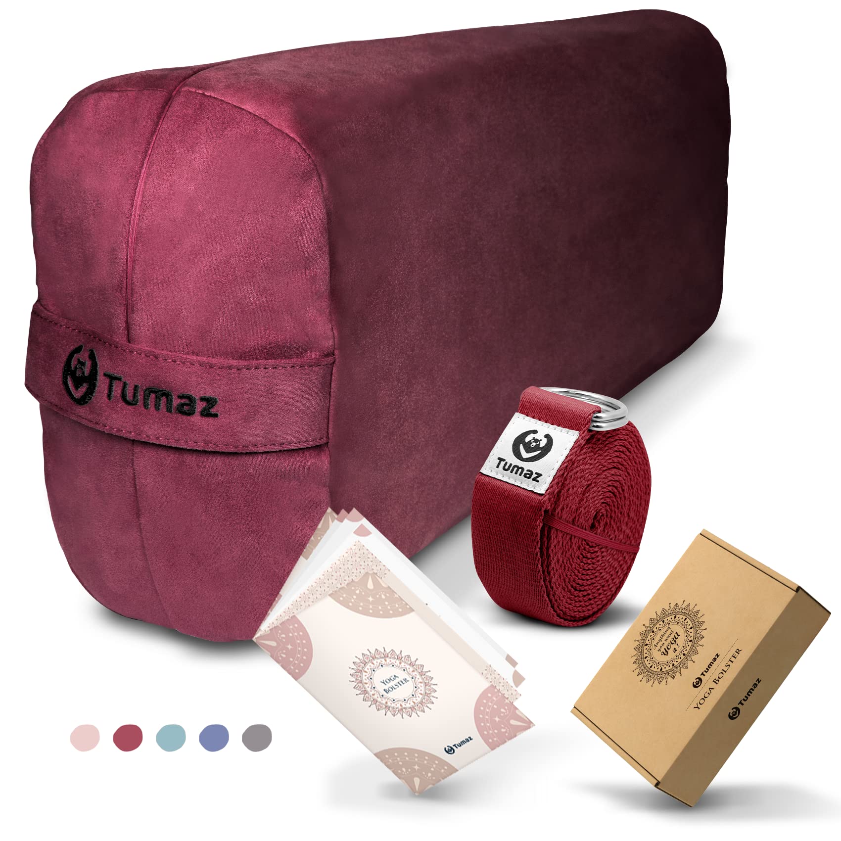 Tumaz Yoga Bolster Set - Rectangular Yoga Bolster Pillow for Restorative Yoga, Soft Meditation Pillow with Carry Handle and 8-Feet Yoga Strap, Machine Washable Cover