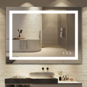 tatu led bathroom mirror,36x28 inch bathroom vanity mirror wall mounted with 3000k-6000k adjustable, anti-fog, smart touch button, stepless dimmable lighted makeup mirror, horizontal/vertical