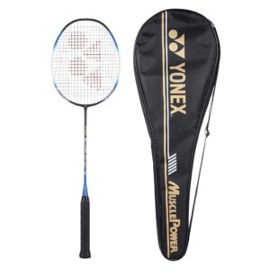 yonex muscle power 22lt carbon graphite strung badminton racket with full racket cover (black/blue) | for intermediate players | 83 grams | maximum string tension - 30lbs