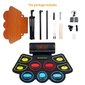 (9 Pads) Electronic Drum Set with Light Up Drumsticks and Stand, Electronic Drum Pad with 5 Different Drum Kit, 10 Unique Rhythms, Bulit-in Double Speakers, Roll Up Drum Kit, Kids Drum Set