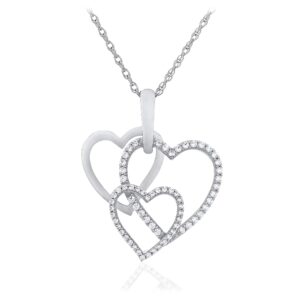 .925 sterling silver round white cubic zirconia three overlapping open hearts pendant necklace with delicate rope chain - 20”