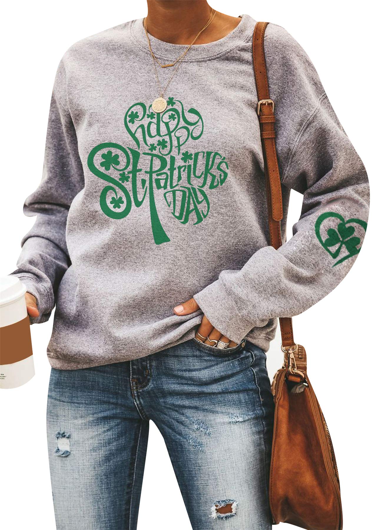 GRASWE Women St. Patrick's Day Irish 3/4 Sleeve Shirt Casual Fitted Baseball Jersey Shirts Grey Tree L