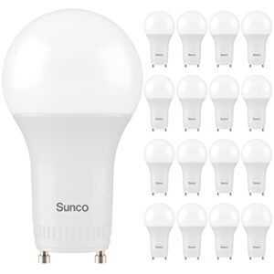 sunco 16 pack gu24 led light bulbs 2 prong a19, cri91 5000k daylight, 9w equivalent 60w, cfl replacement 800 lumens, bright dimmable twist & lock gu24 pin base with two prongs instant on u