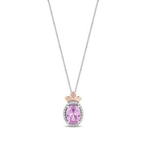 jewelili enchanted disney fine jewelry 14k rose gold over sterling silver 8x6 mm oval shape created pink sapphire and 1/10 cttw natural white round diamond aurora pendant necklace, 18" cable chain