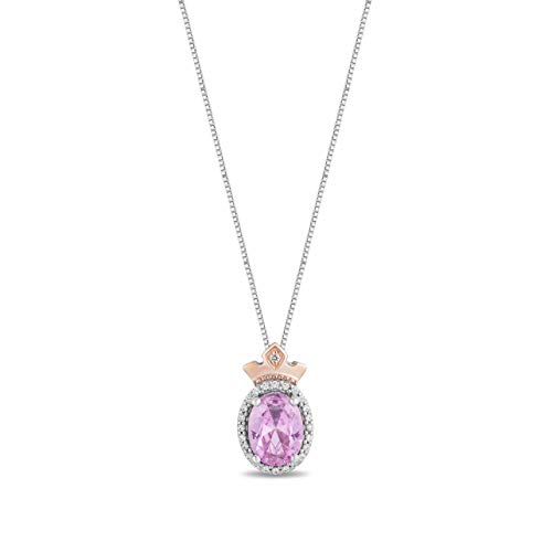 Jewelili Enchanted Disney Fine Jewelry 14K Rose Gold Over Sterling Silver 8x6 MM Oval Shape Created Pink Sapphire and 1/10 Cttw Natural White Round Diamond Aurora Pendant Necklace, 18" Cable Chain