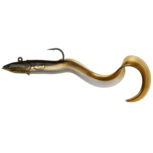 savage gear real eel jig, 2 1/3 oz, olive brown pearl, saltwater fishing lure, oversized tail generates lifelike movements & vibration, durable construction, authentic profile