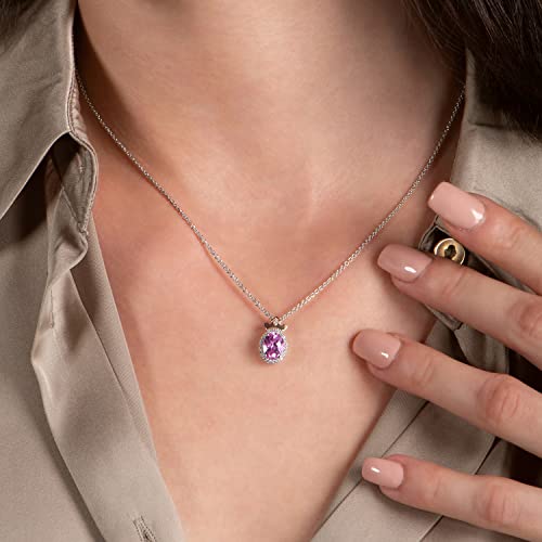 Jewelili Enchanted Disney Fine Jewelry 14K Rose Gold Over Sterling Silver 8x6 MM Oval Shape Created Pink Sapphire and 1/10 Cttw Natural White Round Diamond Aurora Pendant Necklace, 18" Cable Chain