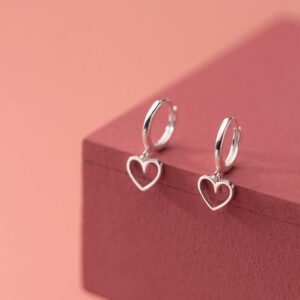 Hollow Dangle Heart Love Small Hoop Cuff Earrings for Women Dainty Sterling Silver Huggie Hinged Cute Cartilage Hypoallergenic Dangling Little Hoops Gifts for Her Bff Daughter Birthday 9mm (silver)