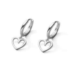 hollow dangle heart love small hoop cuff earrings for women dainty sterling silver huggie hinged cute cartilage hypoallergenic dangling little hoops gifts for her bff daughter birthday 9mm (silver)