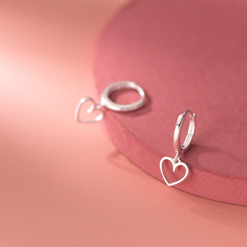 Hollow Dangle Heart Love Small Hoop Cuff Earrings for Women Dainty Sterling Silver Huggie Hinged Cute Cartilage Hypoallergenic Dangling Little Hoops Gifts for Her Bff Daughter Birthday 9mm (silver)