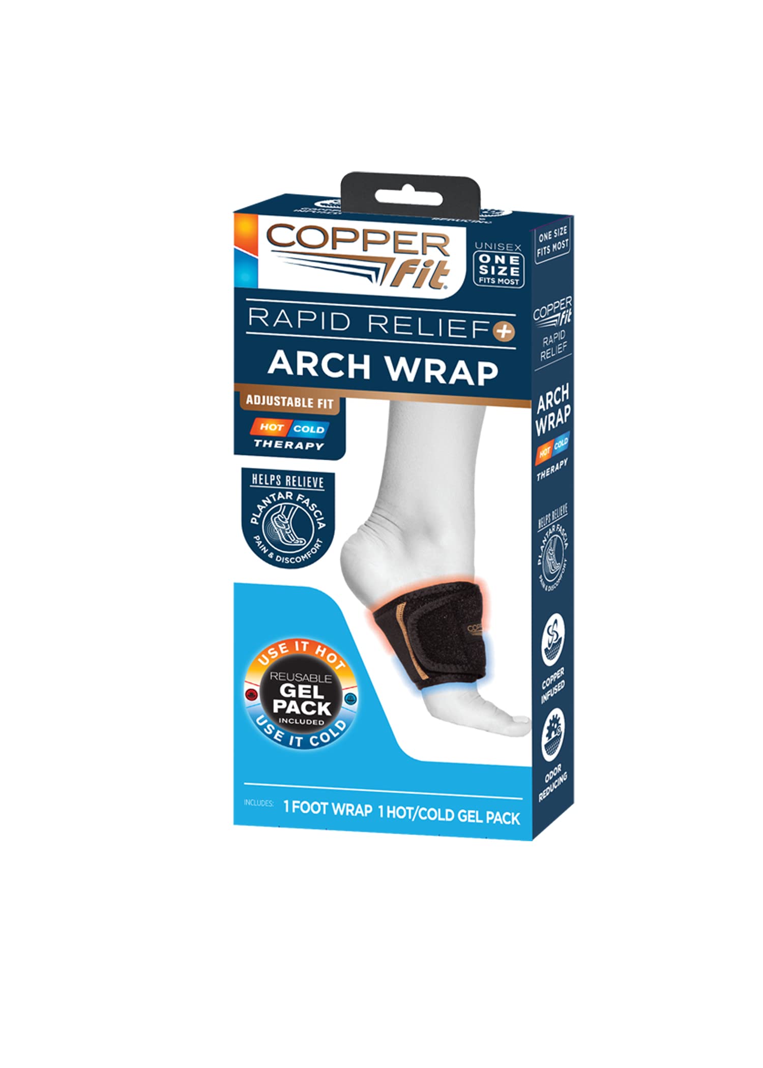 Copper Fit Rapid Relief Plantar Fascia Arch Foot Wrap with Hot or Cold Gel Pack, Black, Adjustable