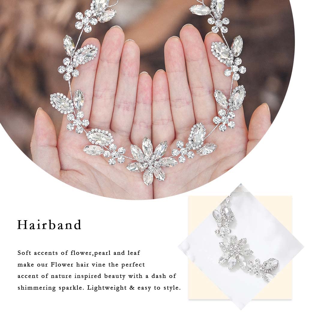 Unsutuo Crystal Bride Wedding Hair Vine Silver Flower Bridal Hair Headpiece Rhinestone Hair Pieces for Women and Girls