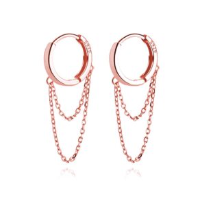 sluynz 925 sterling silver hoop earrings for women minimalist hoop earrings huggie dangle chain tassel (b-rose gold plated)