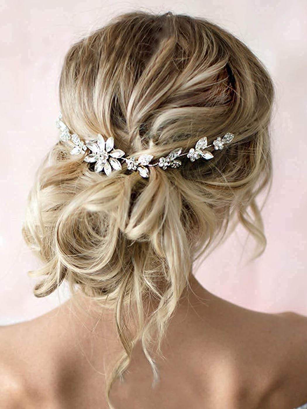 Unsutuo Crystal Bride Wedding Hair Vine Silver Flower Bridal Hair Headpiece Rhinestone Hair Pieces for Women and Girls