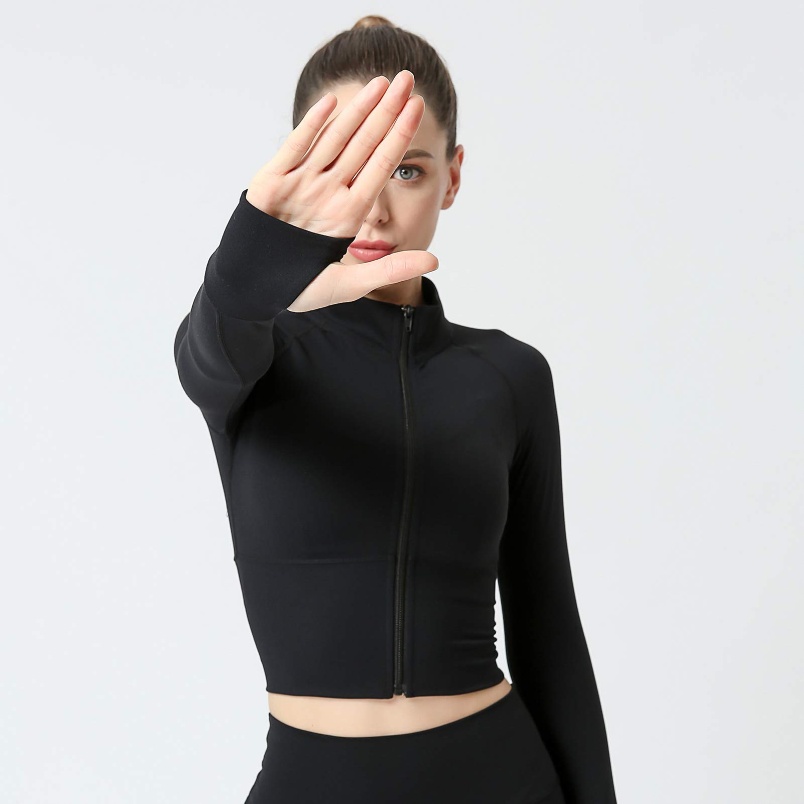 Zip Up Yoga Top Sports Jacket for Women Yoga Cropped Workout Top Cardigan Long Sleeve Set Turtleneck Fitted Athletic Activewear Black