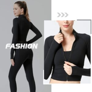 Women's Naked Felling Full Zip Running Jacket Track Workout Yoga Crop Top Lightweight Long Sleeve Soft Sweatshirt Outerwear Activewear Black