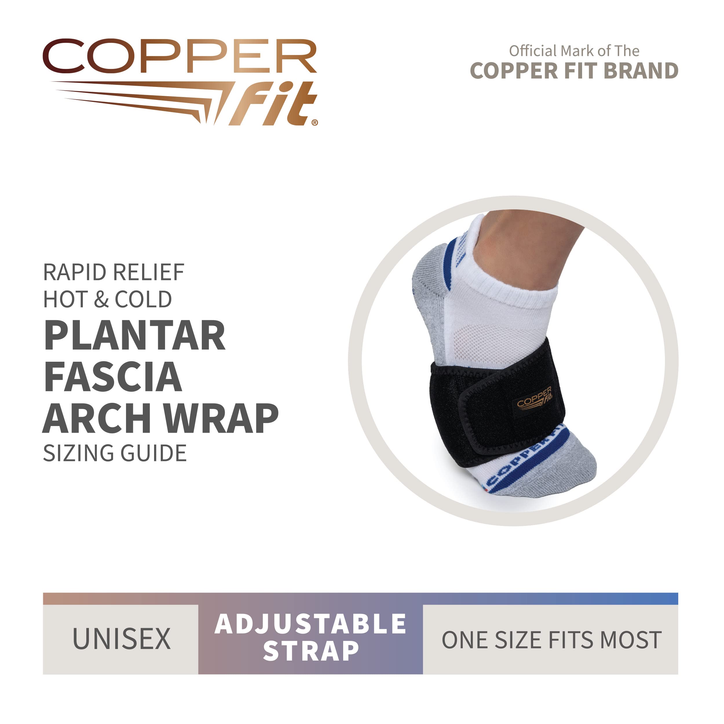 Copper Fit Rapid Relief Plantar Fascia Arch Foot Wrap with Hot or Cold Gel Pack, Black, Adjustable