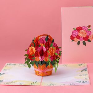 Paper Love 3D Rose Basket Romantic Pop Up Card, For Valentines Day, Mothers Day, All Occasions - 5" x 7" Cover - Includes Envelope and Note Tag