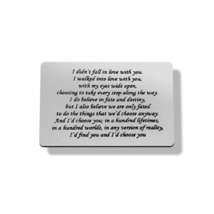 stainless steel engraved wallet insert sentimental keepsake personalized wallet card for him husband boyfriend gifts for anniversary birthday, i walked into love with you metal wallet card for men