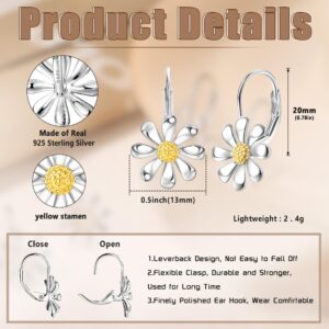 MILACOLATO 925 Sterling Silver Daisy Earrings 18K White Gold Plated Leverback Earrings Dainty Daisy Flower Drop Dangle Earrings Hypoallergenic Daisy Flower Jewelry Gifts for Women for Sensitive Ears-1