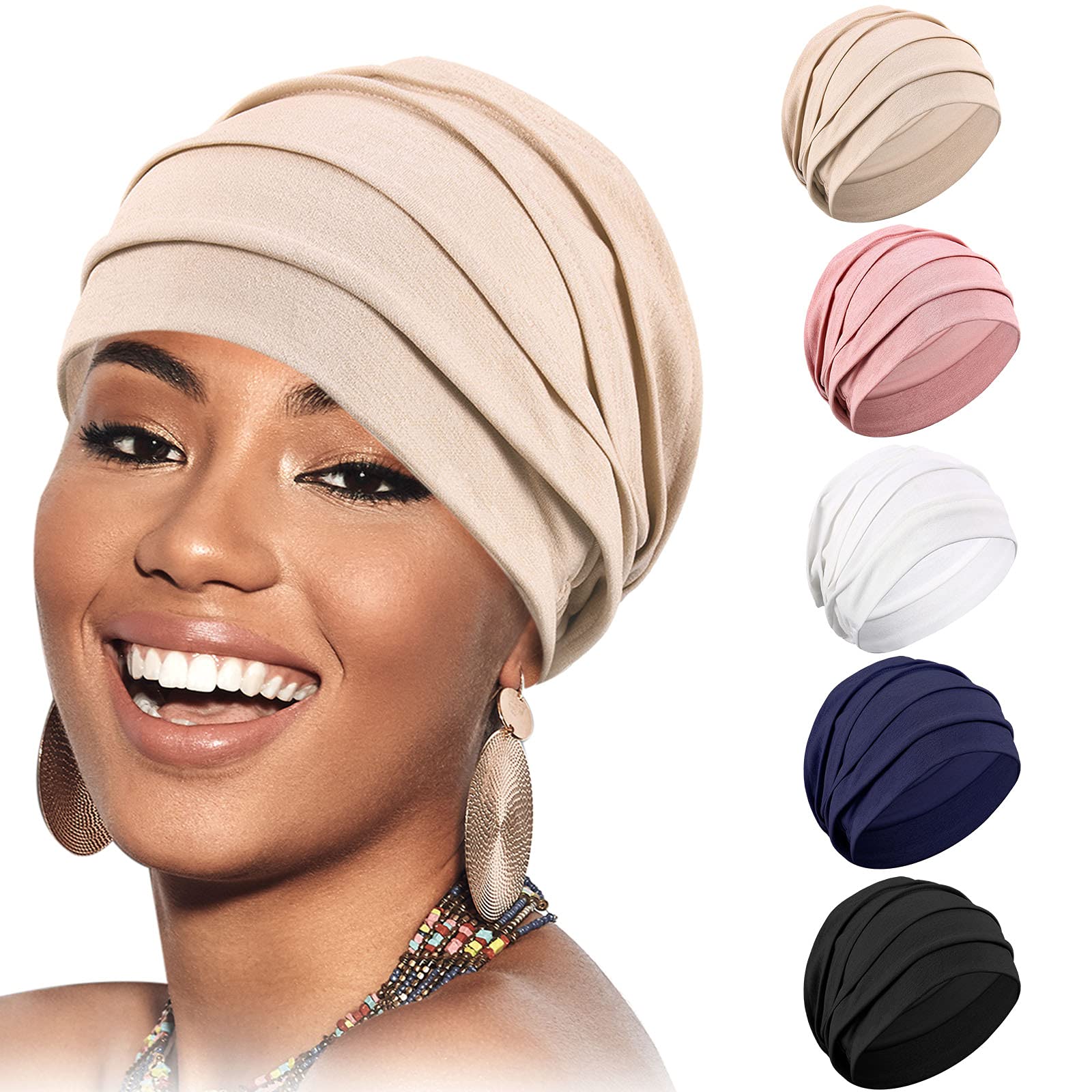 Syhood 5 Pieces Soft Sleep Cap Skull Cap Slouchy Beanie Bonnet Hat Women for Sleeping Hair Loss