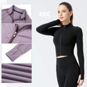 Zip Up Yoga Top Sports Jacket for Women Yoga Cropped Workout Top Cardigan Long Sleeve Set Turtleneck Fitted Athletic Activewear Black